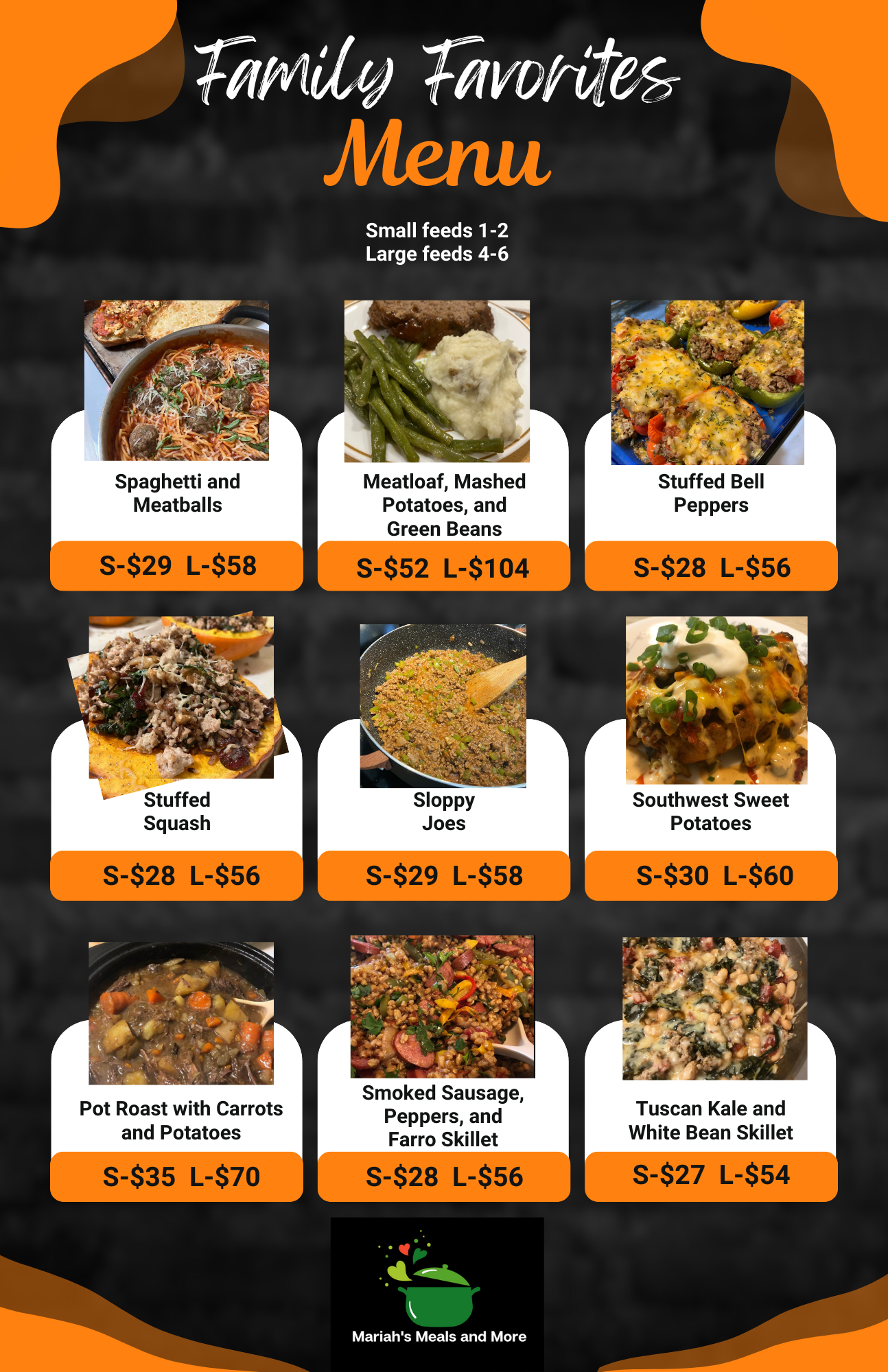 Orange and White Modern Restaurant Menu – Mariah's Meals and More